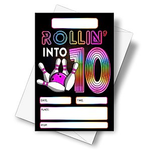 DETIHO 4" x 6" Bowling 10th Birthday Party Invitation Cards With Envelopes - Rolling Into 10 - Retro Bowling Party Invitation - 20 Sets - E62