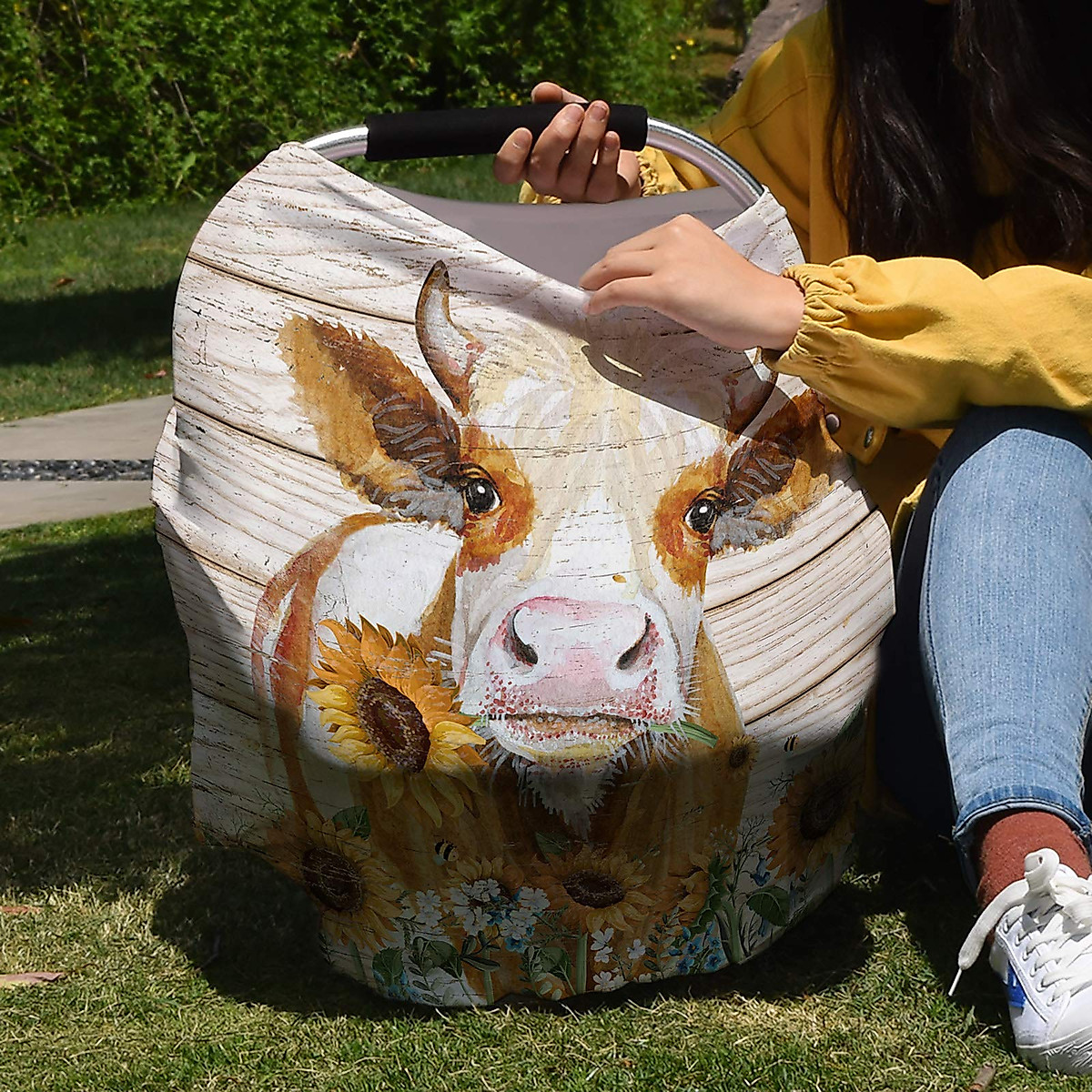 Baby Nursing Cover Carseat Canopy Farmhouse Cow with Summer Floral Sunflowers Breathable Privacy Breastfeeding Scarf Pastoral Animals Planks Multi Use Car Seat Covers for Boys or Girls