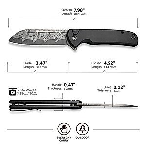 CIVIVI Chevalier II Folding Pocket Knife, Button Lock Knife for EDC 3.47" Damascus Sheepsfoot Blade Plus Aluminum Handle, Utility Knife for Men Women Gift C20022B-DS1