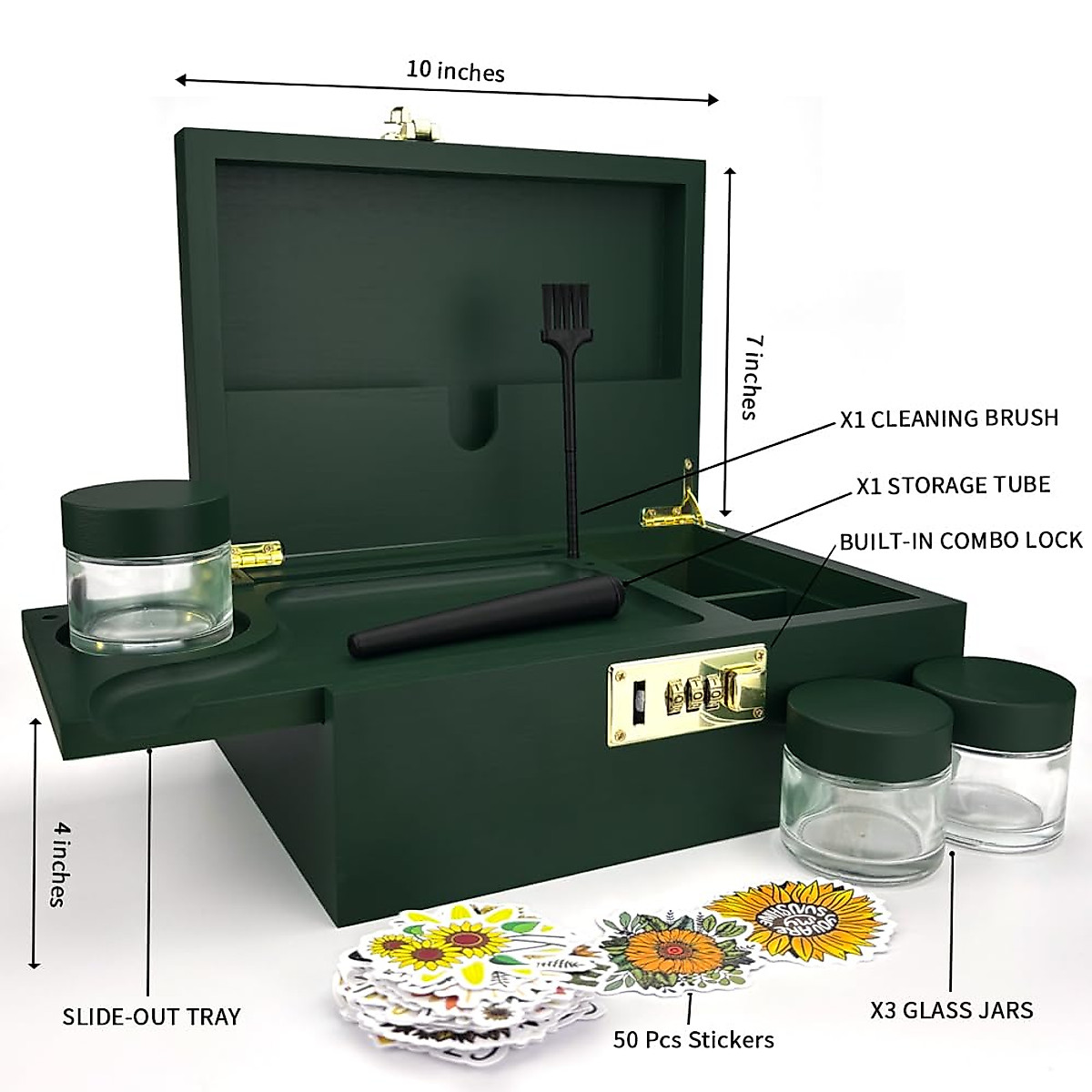 CiikTopia Bamboo Stash Box with Removable Compartment and 3 Gorgeous Glass Containers - Portable, Airtight, and Lockable Lock Box (Black)