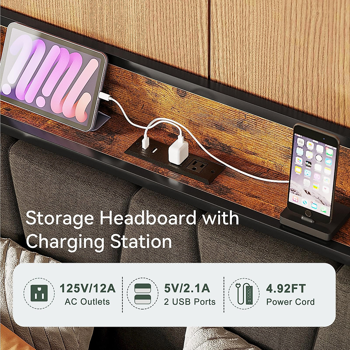 ClouDDwell Queen Size Bed Frame and Headboard with Charging Station, Queen Bed Frame with Storage, Heavy Duty Steel Support, No Box Spring Needed, Squeak Resistant, Rustic Brown and Grey