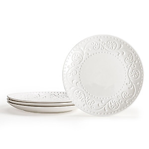 Artena Embossed Ceramic Salad Plates, White Dinner Plates 8.25 inch, Kitchen Plates Set of 4, Pasta Plate for Appetizer, Dessert, Serving Dishes for Entertaining, Party, Microwave/Oven/Dishwasher Safe