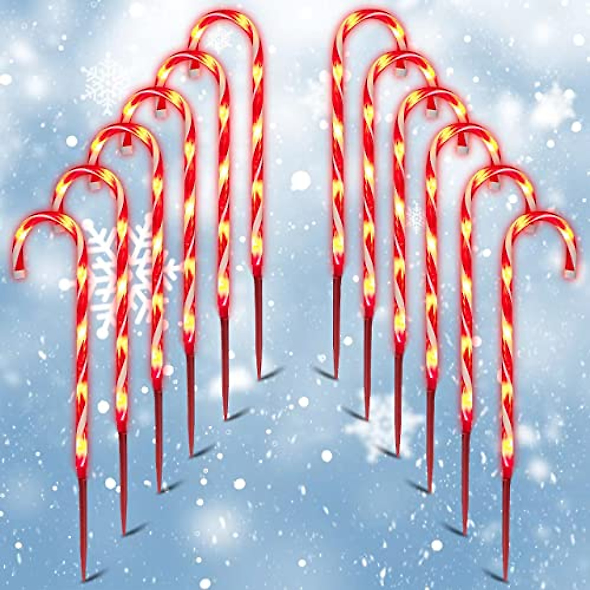 GLOWNOVA 12 Pack 16.5'' Christmas Candy Cane Pathway Markers, Xmas Pathway Lights Outdoor with 70 Warm White Lights for Walkway Garden Lawn Holiday Decorations