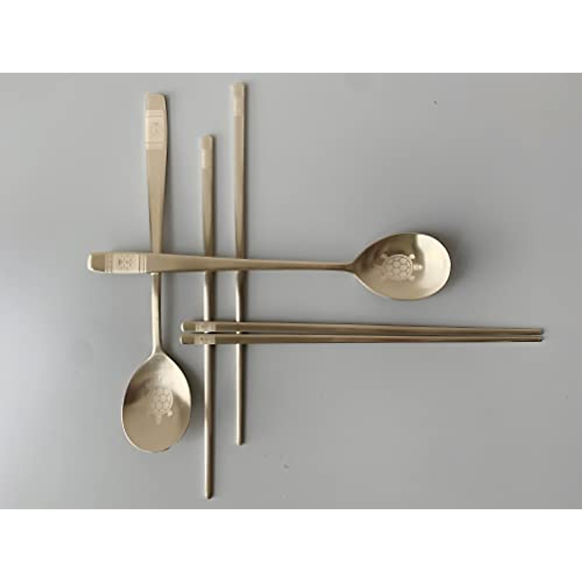 cozymomdeco Korean Made Traditional Pattern Engraved Chopsticks Spoon Set 18-10 Stainless Steel Gold Color 2SET