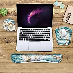 Keyboard Wrist Rest Pad and Mouse Pad Memory Foam Ergonomic Support Mouse Pad Set for Office Gaming Easy Typing Green Fluid