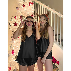 Ekouaer Satin Pajama Set for Women Silk Pjs for Women Set Camisole Top and Shorts with Ruffle Sleepwear Black