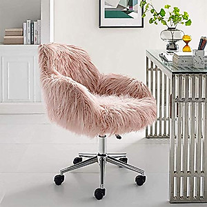 Goujxcy Fluffy Desk Chair, Faux Fur Height Adjustable Swivel Vanity Accent Chair for Girls Women, Modern Cute Furry Makeup Chairs in Bedroom Living Room, Pink