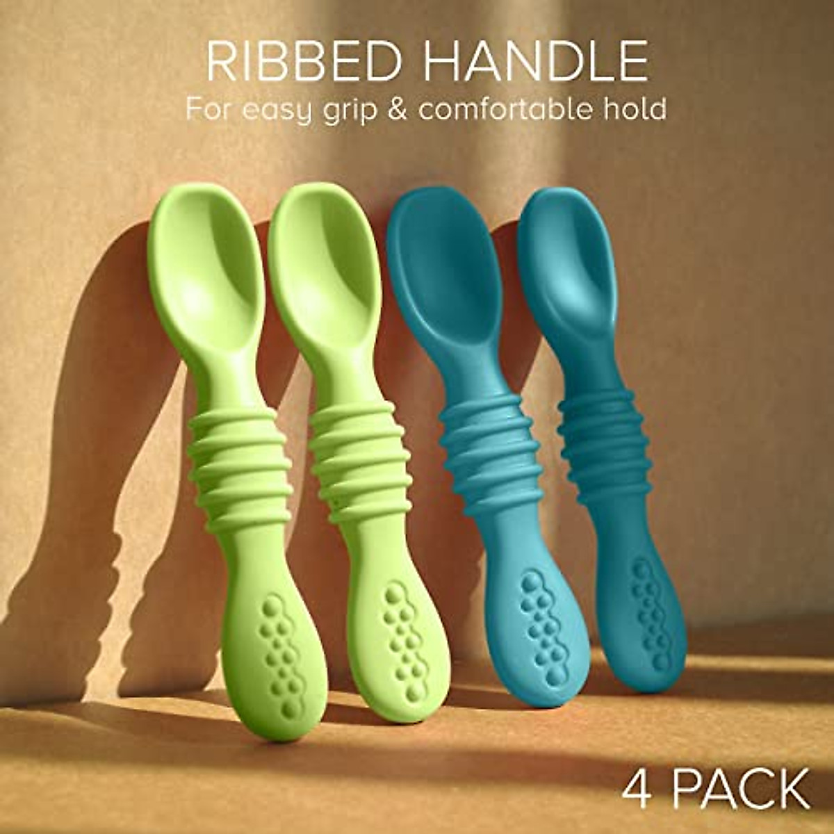 Silicone Baby Spoons for Baby Led Weaning 4-Pack, First Stage Baby Feeding Spoon Set Gum Friendly BPA Lead Phthalate and Plastic Free, Great Gift Set (Blue)