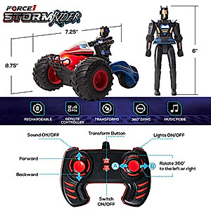 Force1 Storm Rider Remote Control Car for Kids - Rechargeable Fast Off Road RC Car, LED Stunt Toy Car with 360 Spins, Sit Stand Action Figure, Rubber Tires, 2.4 GHz Easy Remote Indoor Outdoor Kid Car