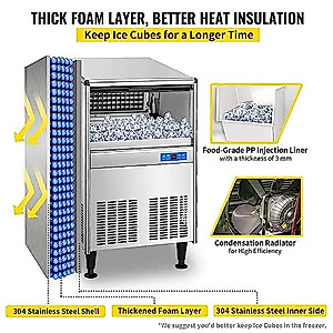Commercial Ice Maker Machine - 110V, 170LBS/24H, ETL Approved Stainless Steel, 66LBS Bin, Auto Clean, Clear Cube, Air-Cooled, Water Filter, Drain Pump - Ideal for Restaurant, Bar, and Office