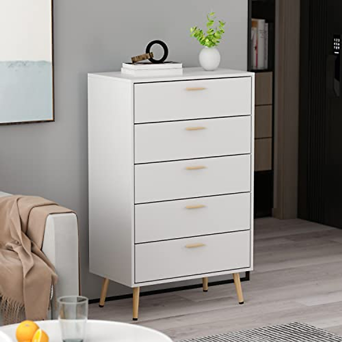 Homsee Modern Dresser Storage Chest with 5 Drawers, Wood Dresser Chest with Gold Metal Legs and Handles for Bedroom, Living Room, White (27.4”L x 15.6”W x 44.9”H)