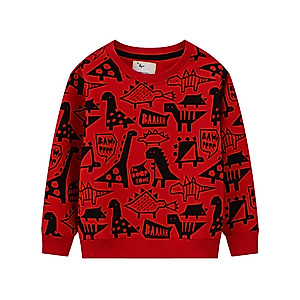 LOKTARC 2 Pack Toddler Boys Sweatshirts Patterned Long Sleeve Pullover Crewneck Tops Shirts Red Dinosaur + Grey Excavator 4-5 Years/Size 5T