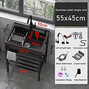 Stainless Steel Single Bowl Kitchen Sink With Stand Free Standing Commercial Restaurant Utility Sink Set With Drain Basket For Laundry Backyard Garage Outdoor，Black Stainless Steel Floor Standing Sink