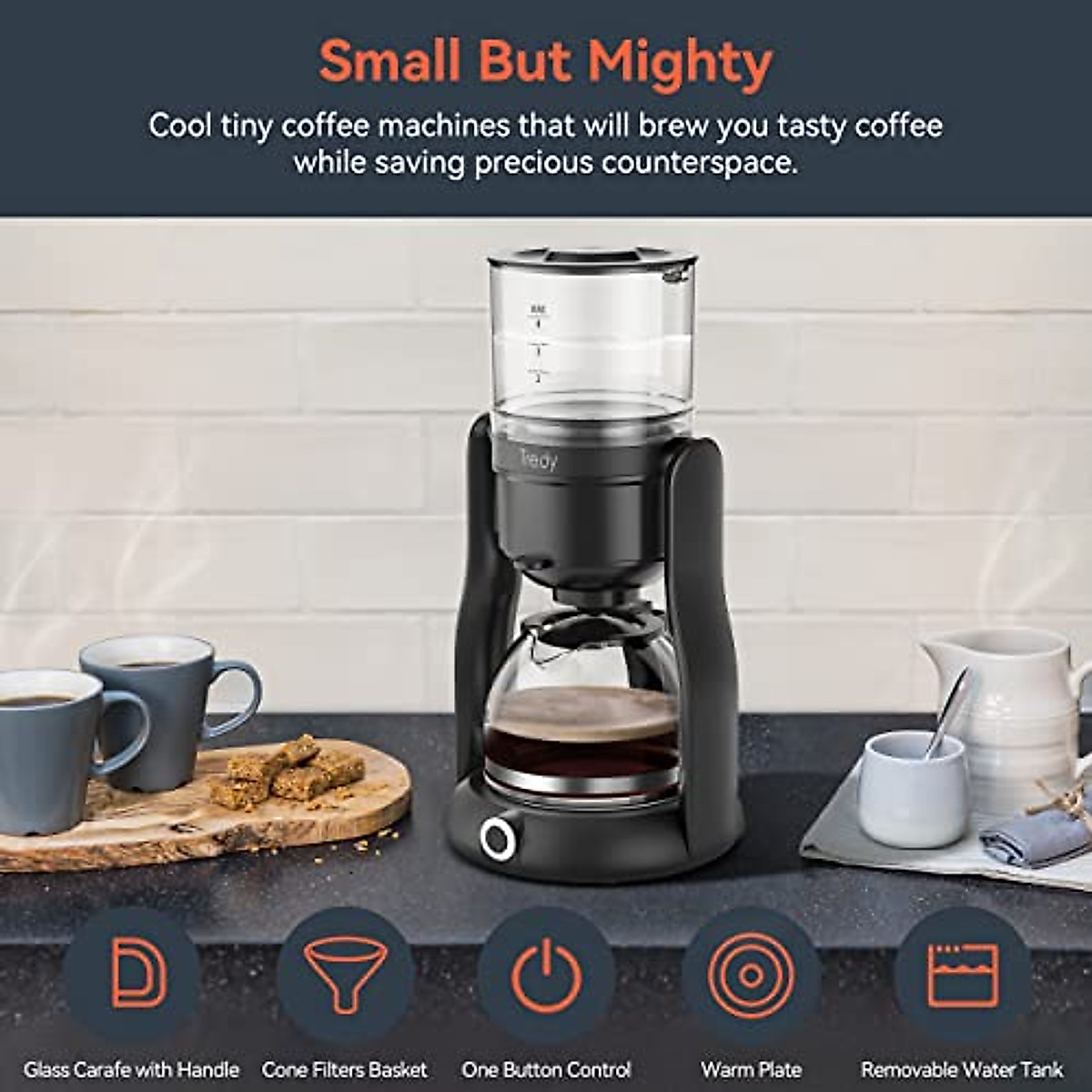 Tredy 2-Cup Coffee Maker, One Touch Automatic Drip Coffee Machine with Removable Water Reservoir, Glass Carafe, Automatic Shut Off & Warm Plate for Home Office(480ML/16OZ)
