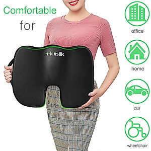 HUISILK Seat Cushion for Office Chair Car- Memory Foam Coccyx Pad - Comfort Sciatica Pillows Support Back Hip Tailbone Pain Relief (Black)