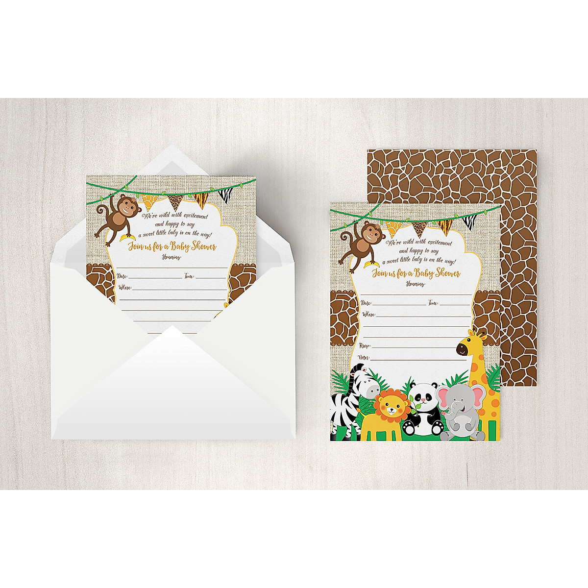 Jungle Safari Baby Shower Invitations - Safari Animal Invitation - 20 Fill-In Invitations and White Envelopes - Boy or Neutral Baby Shower Party - Monkey, Lion, Elephant, Giraffe