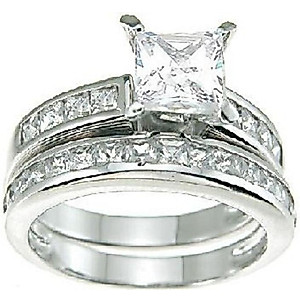 LaRaso & Co Princess Cut Wedding Band Engagement Ring Set in 925 Sterling Silver Size 7