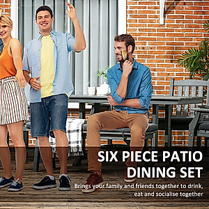 Outsunny 6 Pieces Patio Dining Set, 6 Seater Outdoor Table and Chairs, Conversation Furniture, Armrests, Loveseat Bench, Dinner Table with Umbrella Hole, Cushions, Dark Gray