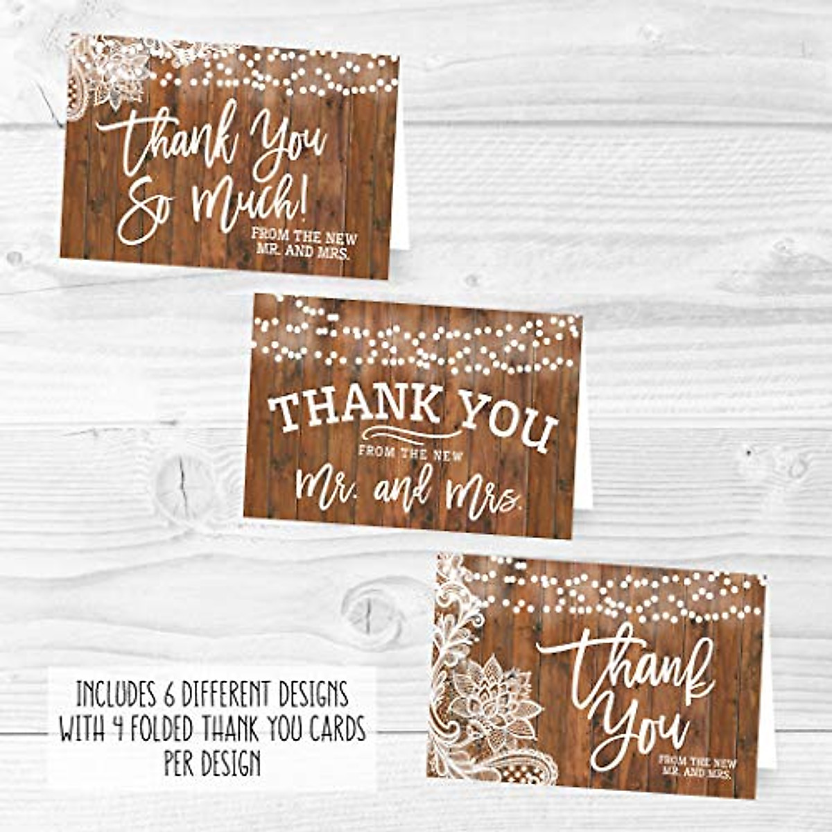 24 Rustic Wedding Thank You Cards With Envelopes, Elegant Bridal Shower Thank You Note From The New Mr. & Mrs. Newlywed Faux Wood Gratitude Supplies, 4x6 Personalized Bulk So Grateful Stationery