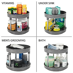 mDesign 2 Tier Lazy Susan Turntable Food Storage Container for Cabinets, Pantry, Fridge, Countertops - Raised Edge, Spinning Organizer for Spices, Condiments - 9" Round - Charcoal Gray/Chrome