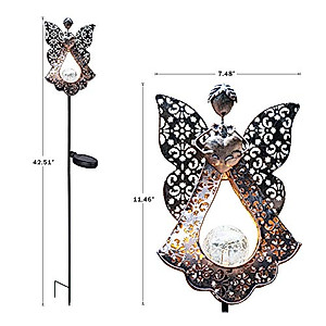 GOODME Angel Solar Garden Lights Waterproof Metal Solar Warm White LED Stake Light Memorial Gift - Fairy Decorative Metal Stakes Lights Crackle Glass Light for Lawn, Yard Art, Pathway, Patio Decor