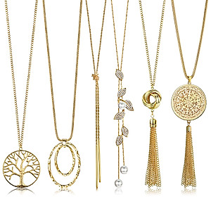 HAIAISO 6Pcs Long Necklaces for Women Tassel Pendant Necklace Circle Knot Bar Feather Leaf Sweater Necklace Statement Necklace for Women