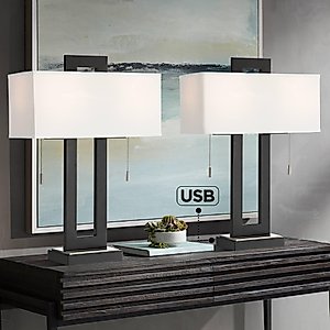360 Lighting Neil 26" High Rectangular Rustic Modern Table Lamps Set of 2 USB Port Pull Chain Black Metal White Shade Living Room Charging Bedroom Bedside Nightstand House Office Entryway