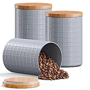Barnyard Designs Canister Sets for Kitchen Counter, Flour Coffee Tea Sugar Container Set with Bamboo Lids, Vintage Farmhouse Decor Kitchen Canisters, Metal/Bamboo, Set of 3 (Cool Grey)