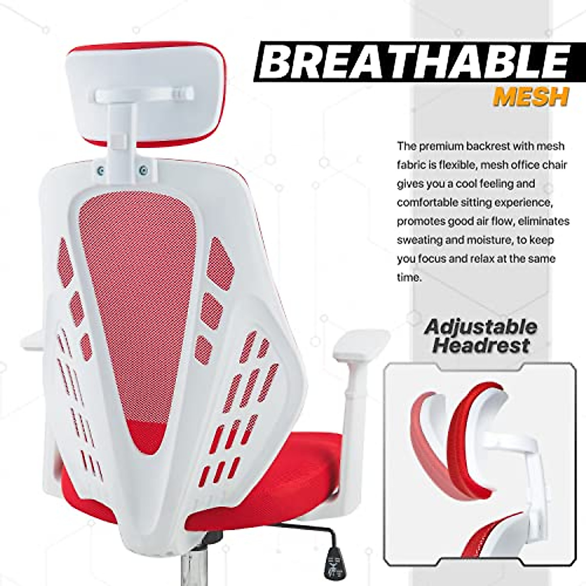 MoNiBloom Home Office Mesh Seat Chair with Headrest and Wheels, Rolling Swivel Computer Chair with T Shape Armrest for Adults, Red