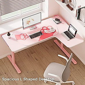 EUREKA ERGONOMIC L60 Gaming Desk L Shaped, 60 Inch Large Pink Computer Table Home Office Corner Study Writing Modern Workstation w Mouse Pad Cable Management, Space Saving, Gift for Girl Female, Right