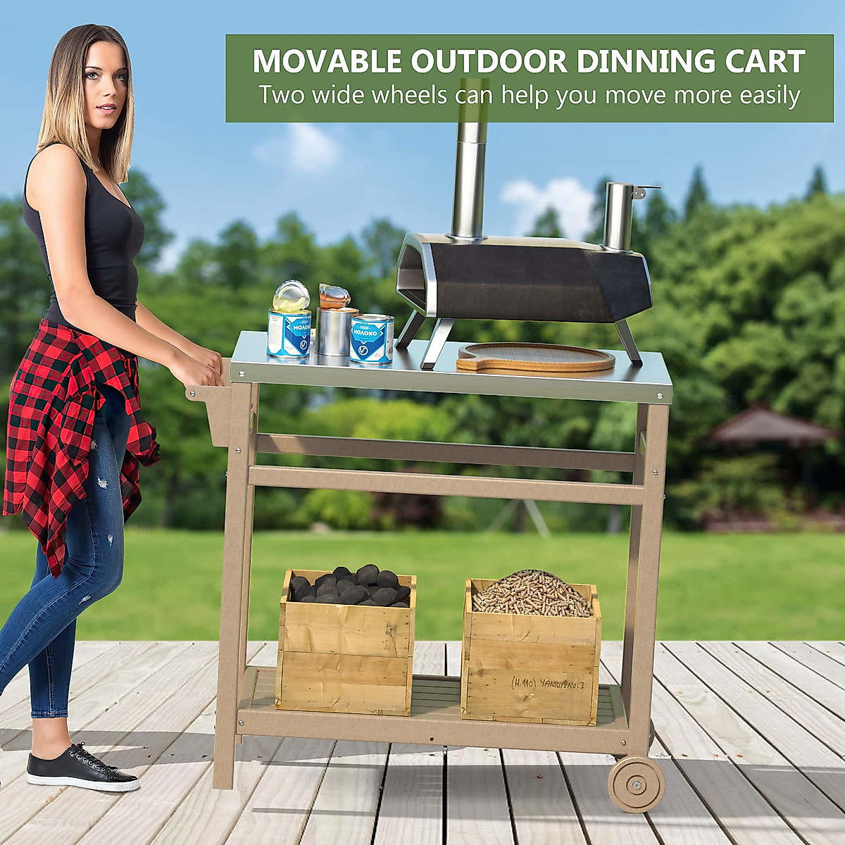 TORVA Outdoor Prep Grill Carts, 303 Stainless Steel Tabletop with High Load Capacity Portable BBQ Table, HDPE Durable Frame 2-Tier Storage Cart, Wood