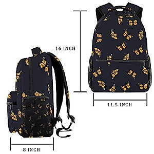 Niaocpwy Yellow Butterfly Black Background School Backpack Medium Size, Travel Bag For Women Girls Men Boys Teens