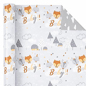 WRAPAHOLIC Reversible Baby Shower Wrapping Paper - Mini Roll - 17 Inch X 33 Feet - Grey Animal Design Neutral Baby Shower, Boys Girls Kids Birthday