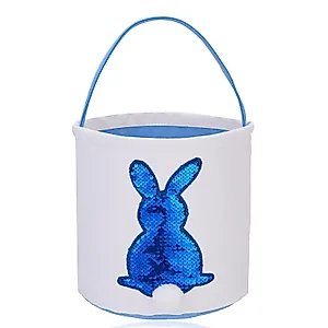 Jilimeli Easter Bunny Basket, Easter Bucket with Sequin Rabbit, Fluffy Tail, Easter Bucket Empty, Gifts, Eggs, Toys, Candy, Bunny Tote Easter Bunny Baskets for Kids (Blue)
