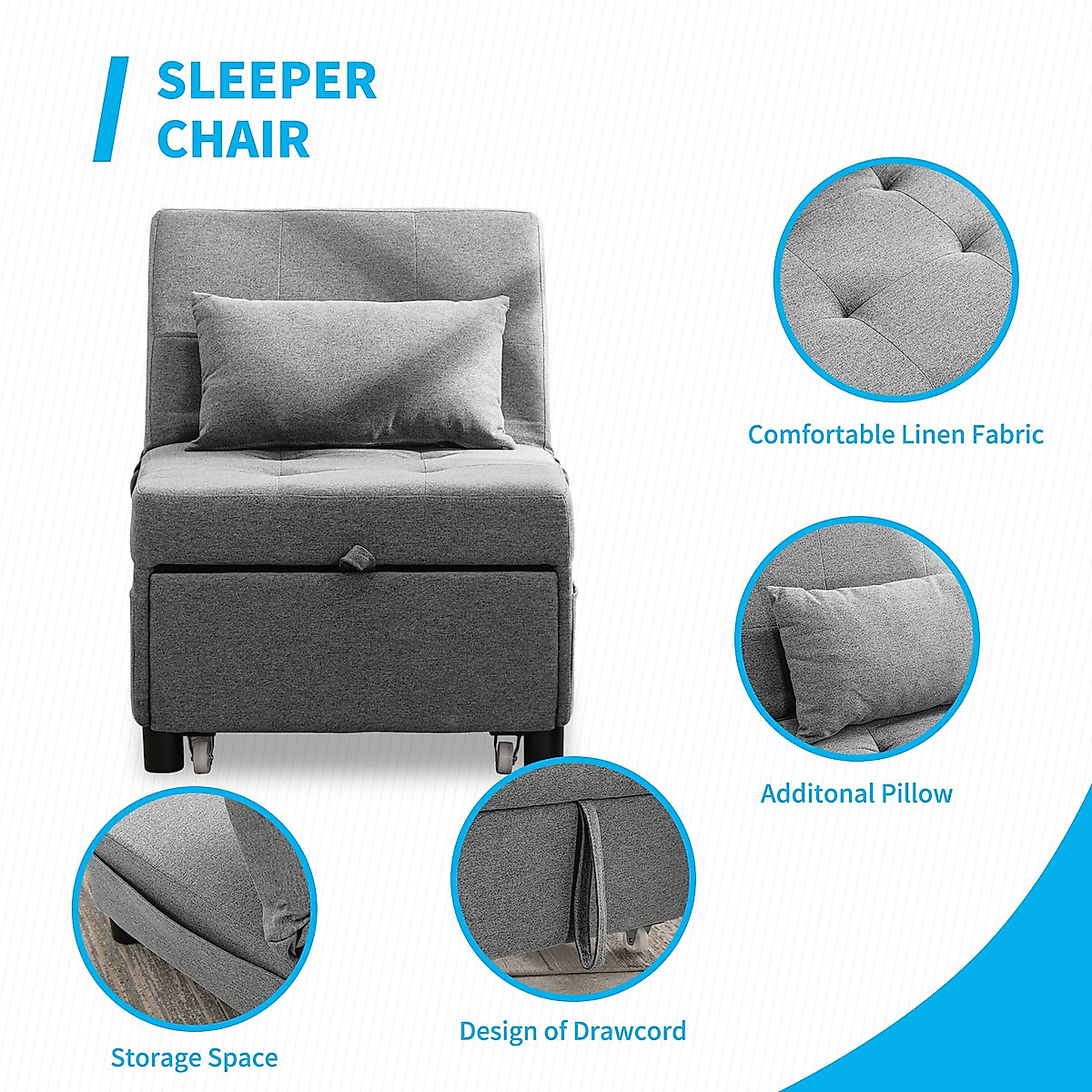 Mjkone 4-in-1 Sleeper Chair with Adjustable Backrest with Free Pillow, Pull Out Sofa Couch Bed with Memory Foam for Compact Living Room (No Assemble Need,Light Grey)