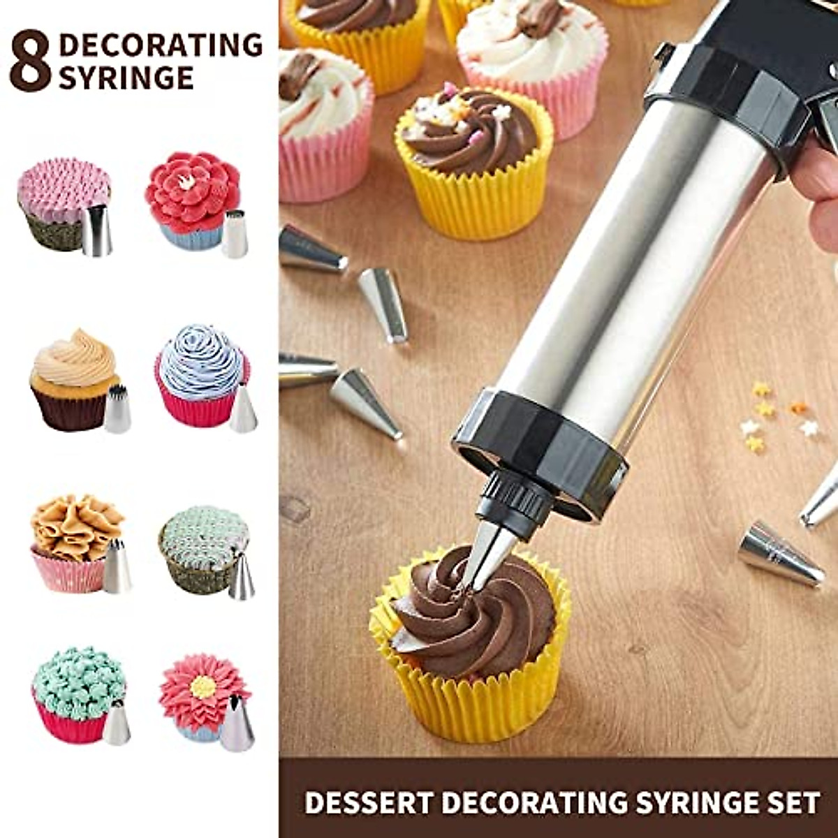 JAZORR Cookie Press,Stainless Steel Cookie Press Gun Kit with 13 Cookie Mold Discs 8 Piping Nozzles for DIY Biscuit Maker and Cake Decorating Tool (Black,with Cleaning Brush)