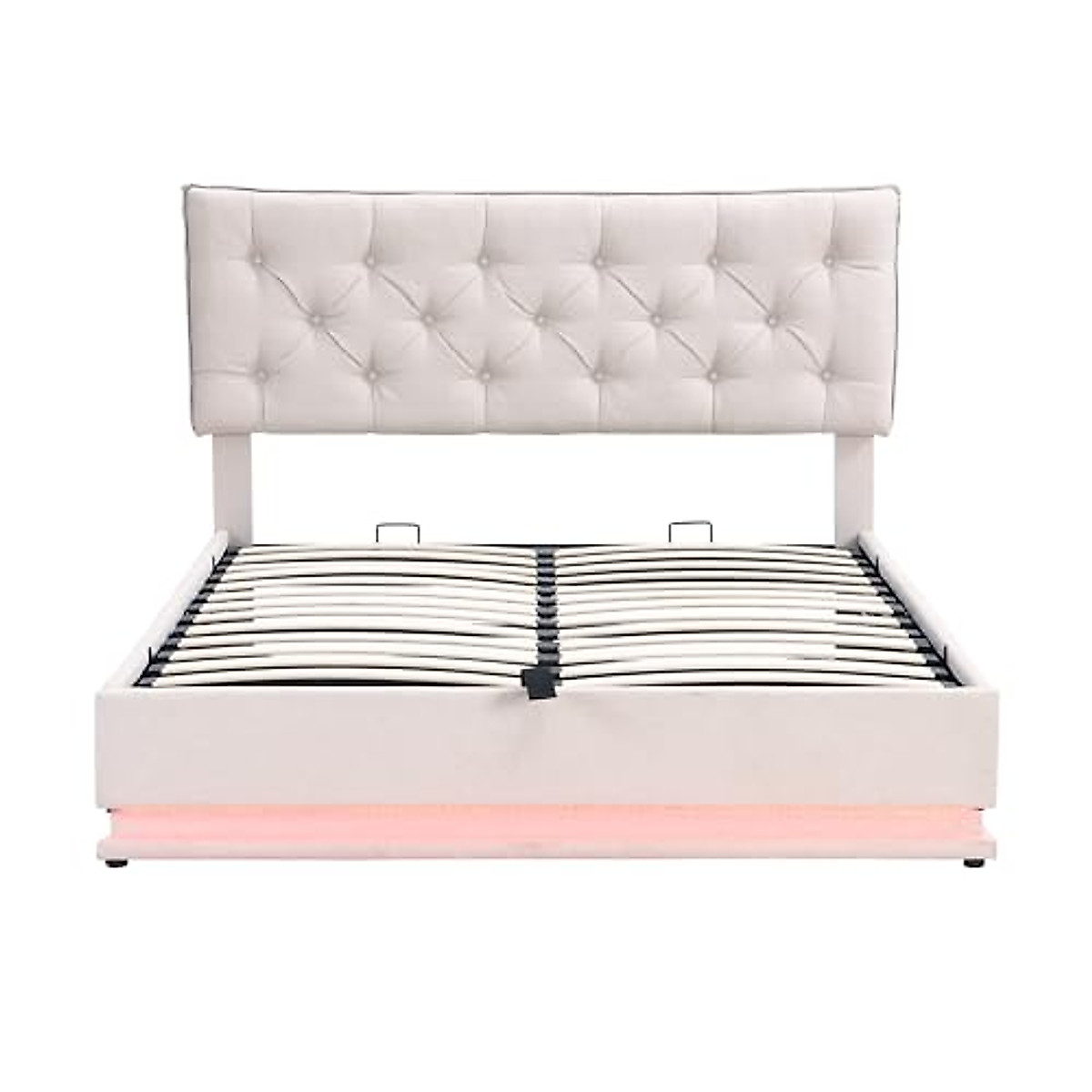 Prohon Queen Size Platform Bed with Hydraulic Storage System and Sensor LED Light, Modern Upholstered Bed Frame w/Button-Tufted Design Headboard, No Box Spring Needed, Wooden Slats Support, Beige