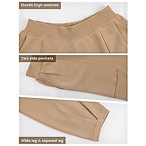 Lentta Women's 2 Piece Sweater Sets Outfits Knit Pullover Tops High Waisted Pants with Pockets(Khaki-L)