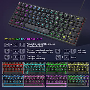 MageGee Mini 60% Gaming Keyboard, RGB Backlit 61 Key Ultra-Compact Keyboard, TS91 Ergonomic Waterproof Mechanical Feeling Office Computer Keyboard for PC, MAC, PS4, Xbox ONE Gamer(Black)
