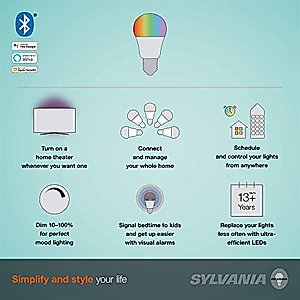 SYLVANIA SMART+ Bluetooth Full Color and Tunable White A19 LED Bulb, Fully Dimmable, Compatible with Alexa, Apple HomeKit and Google Assistant, 1 pack
