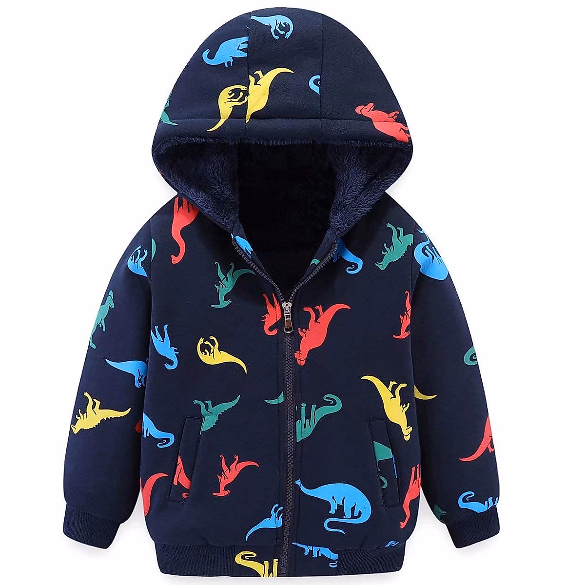 Funnymore Toddler Boy's Sherpa Fleece Lined Jacket,Navy Dinosaur Spring Fall Winter Warm Hoodie Coat Clothes 2t