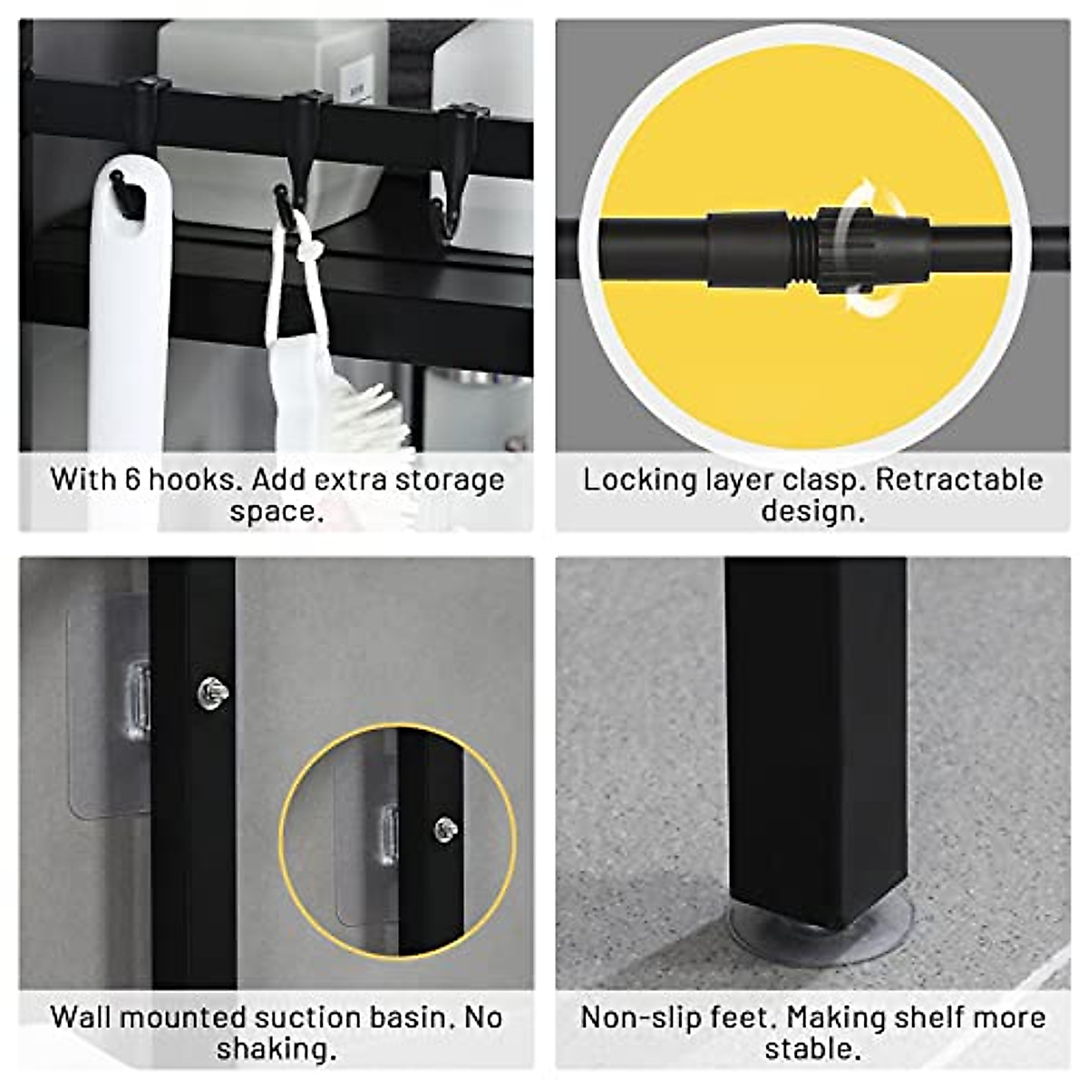 WCHOSOZH Bathroom Shelf Over Toilet, Telescopic Over The Toilet Space Saver with 6 Hooks, 3 Tier Freestanding Bathroom Organizer Storage Rack (Black)