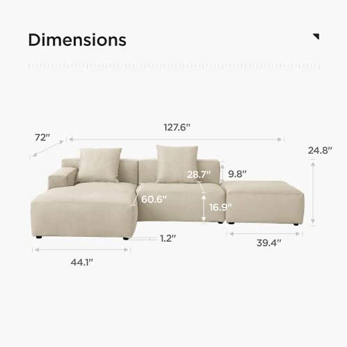 Acanva Luxury Modern Modular L-Shape Sectional Sofa Set, 3 Seat Upholstered Couch with Chaise Lounge for Living Room Bedroom Apartment,Light Cream