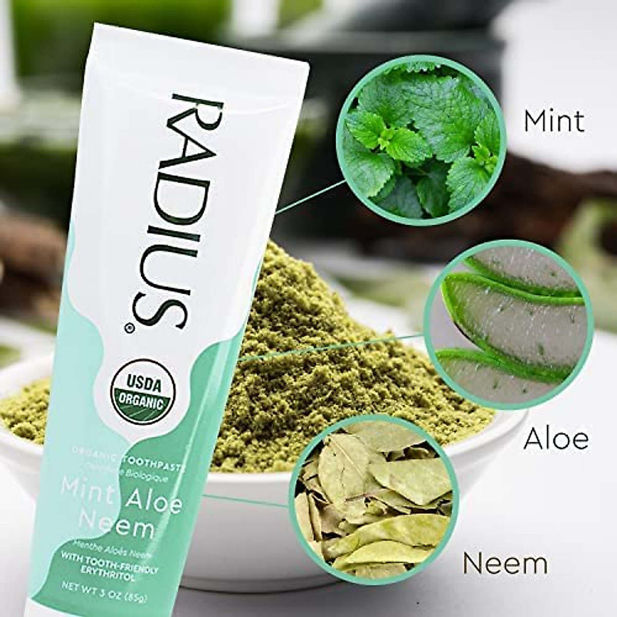 RADIUS USDA Organic Toothpaste Travel Trial Size 0.8 oz Non Toxic Chemical-Free Gluten-Free Designed to Improve Gum Health & Prevent Cavity - Mint Aloe Neem - Pack of 3