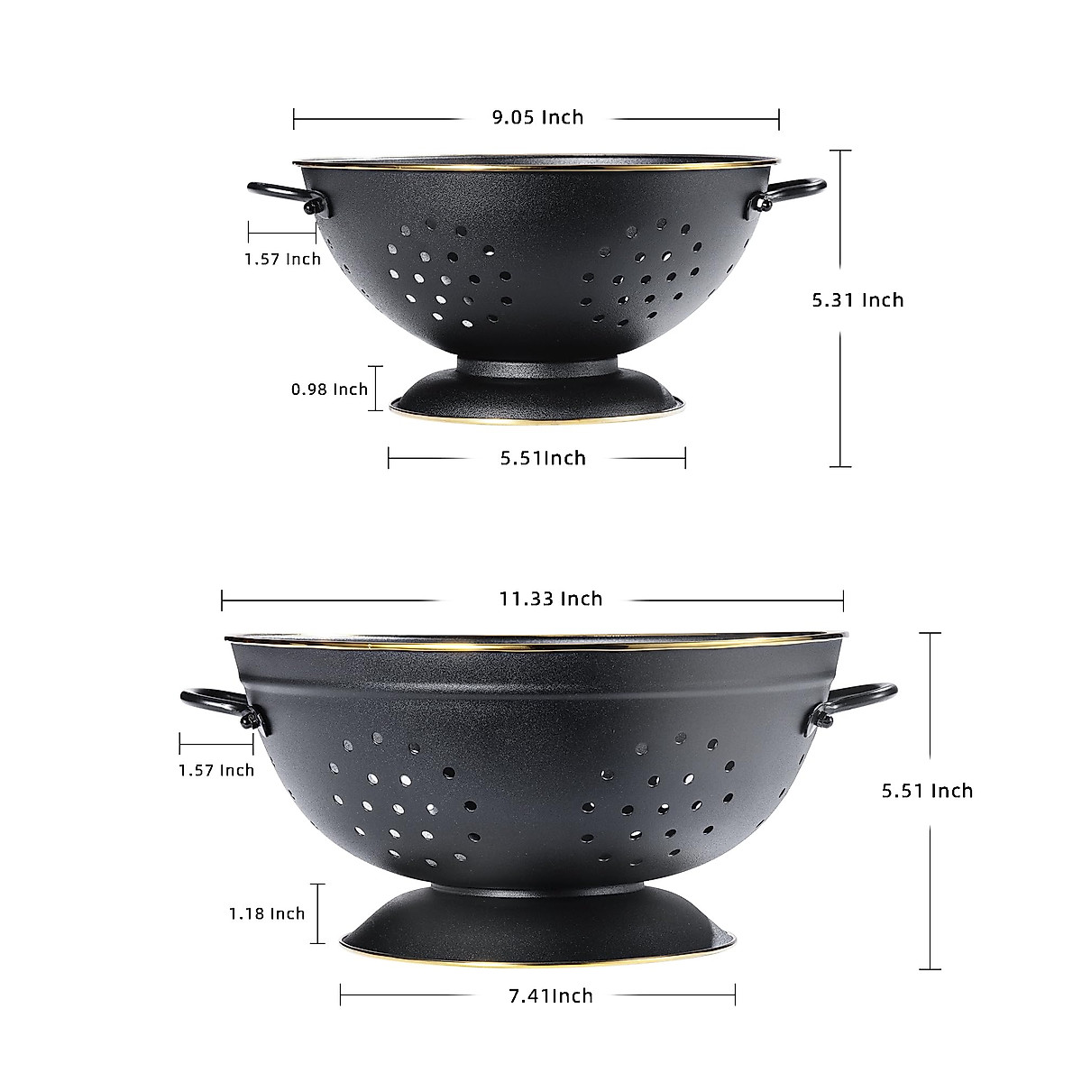 Metal Colander Set of 2, Strainer Basket with Handles perfect for Spaghetti, Pasta, Berry, Vegetable, Fruit, Solid Base Powder Coated Self-draining Kitchen Colander Bowel, 3.5 & 5 Qt, Matte Black