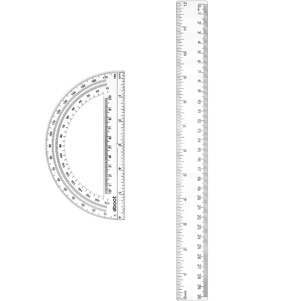 Zonon 2 Pack 12'' Plastic Ruler and 6'' Plastic Protractor Set Clear Ruler Protractor Set Math Geometry Supplies for School Classroom Home Office Drawing(Clear)