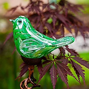 Exhart Garden Solar Lights, Decorative LED Bird Garden Stake, Hand Blown Glass and Metal Outdoor Decoration, Green, 5.5 x 31 Inch