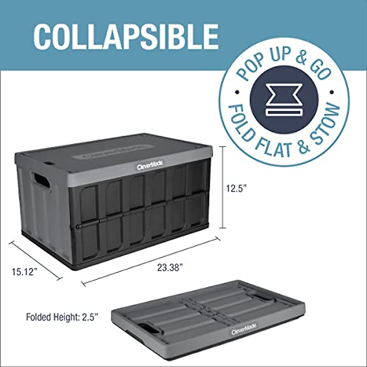 CleverMade 62L Collapsible Storage Bins with Lids - Folding Plastic Stackable Utility Crates, Solid Wall CleverCrates, 3 Pack, Charcoal (8034119-1533PK)