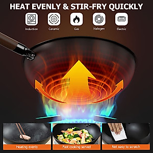 LEITAO Carbon Steel Wok Pan, 14 Piece Woks & Stir-Fry Pans Set with Lid & Cookwares, No Chemical Coated Flat Bottom Chinese Woks Pan for Induction, Electric, Gas, Halogen All Stoves