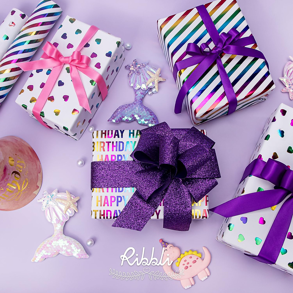 Ribbli Birthday Wrapping Paper Iridescent Gift Wrap Mini Roll, 3 Rolls Happy Birthday Heart Stripes Printed for Girls Kids - 17 inch x 120 inch(10feet) Per Roll